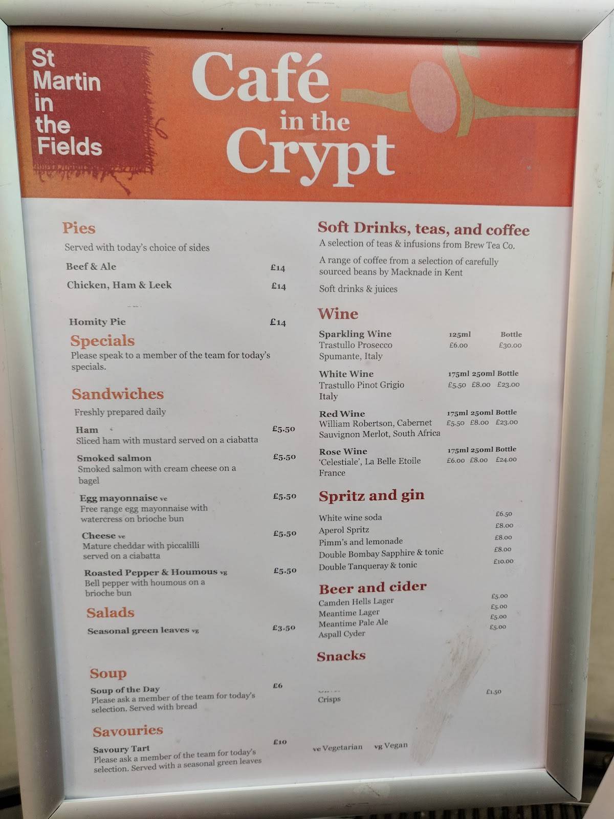 Menu at Café in the Crypt cafe, London, Trafalgar Sq