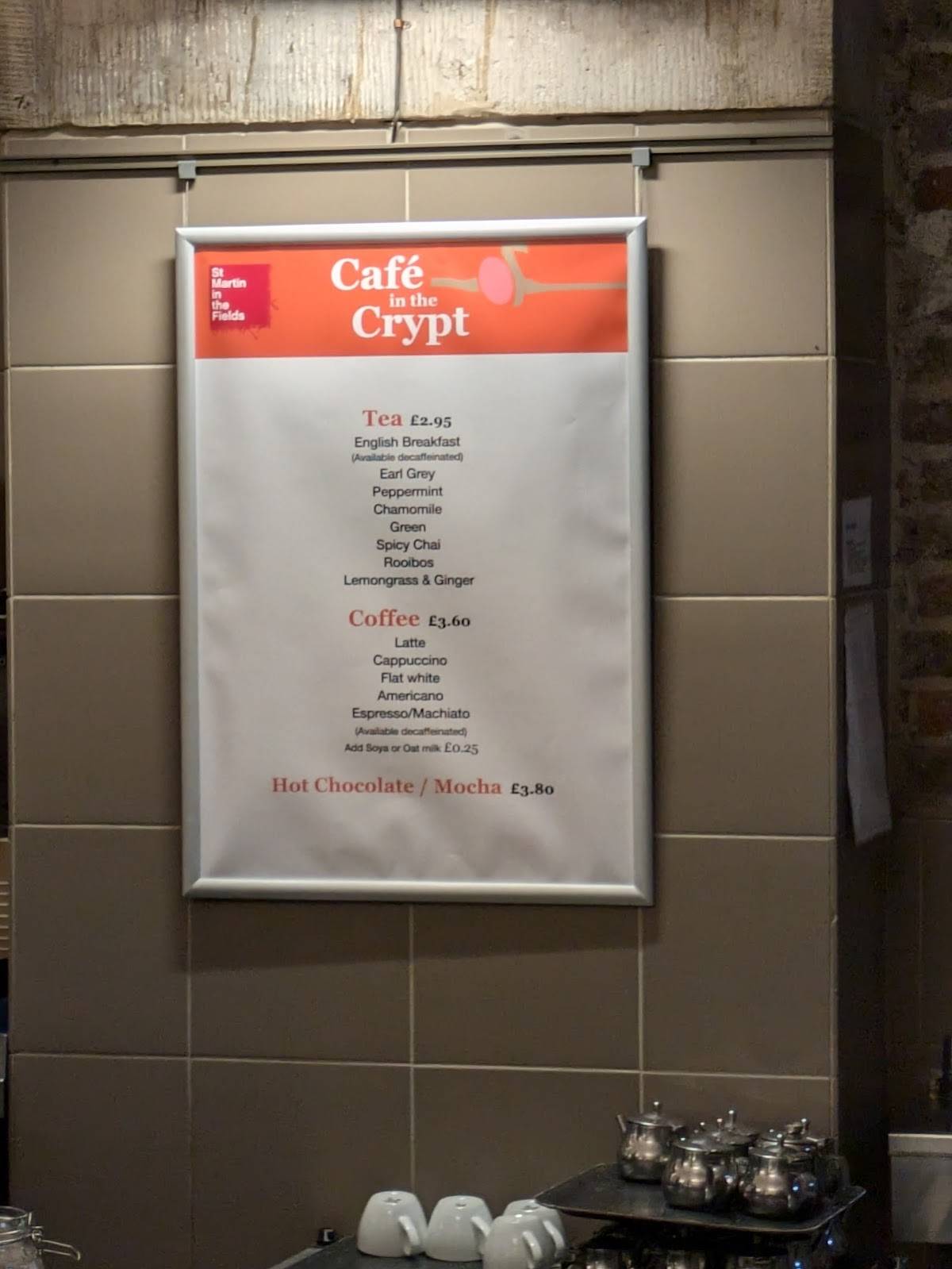 Menu at Café in the Crypt cafe, London, Trafalgar Sq