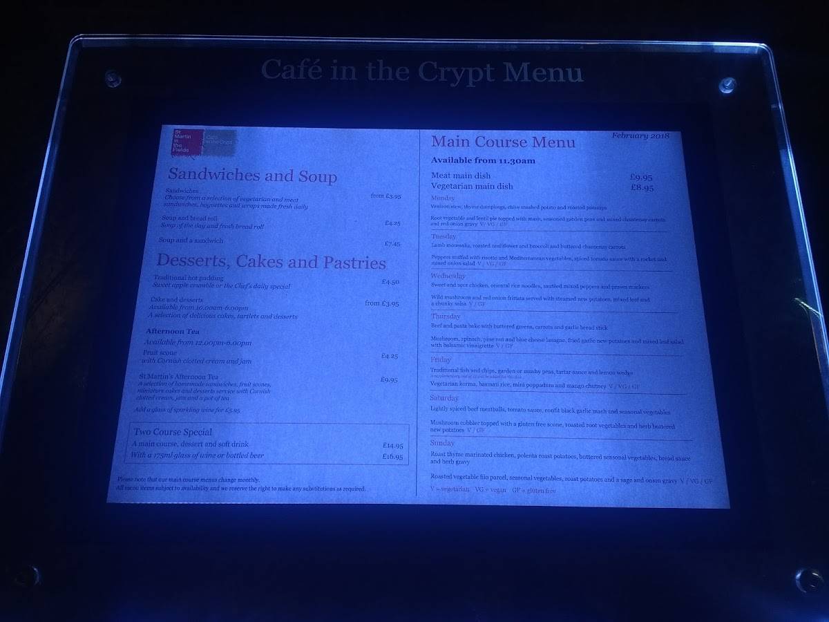 Menu at Café in the Crypt cafe, London, Trafalgar Sq