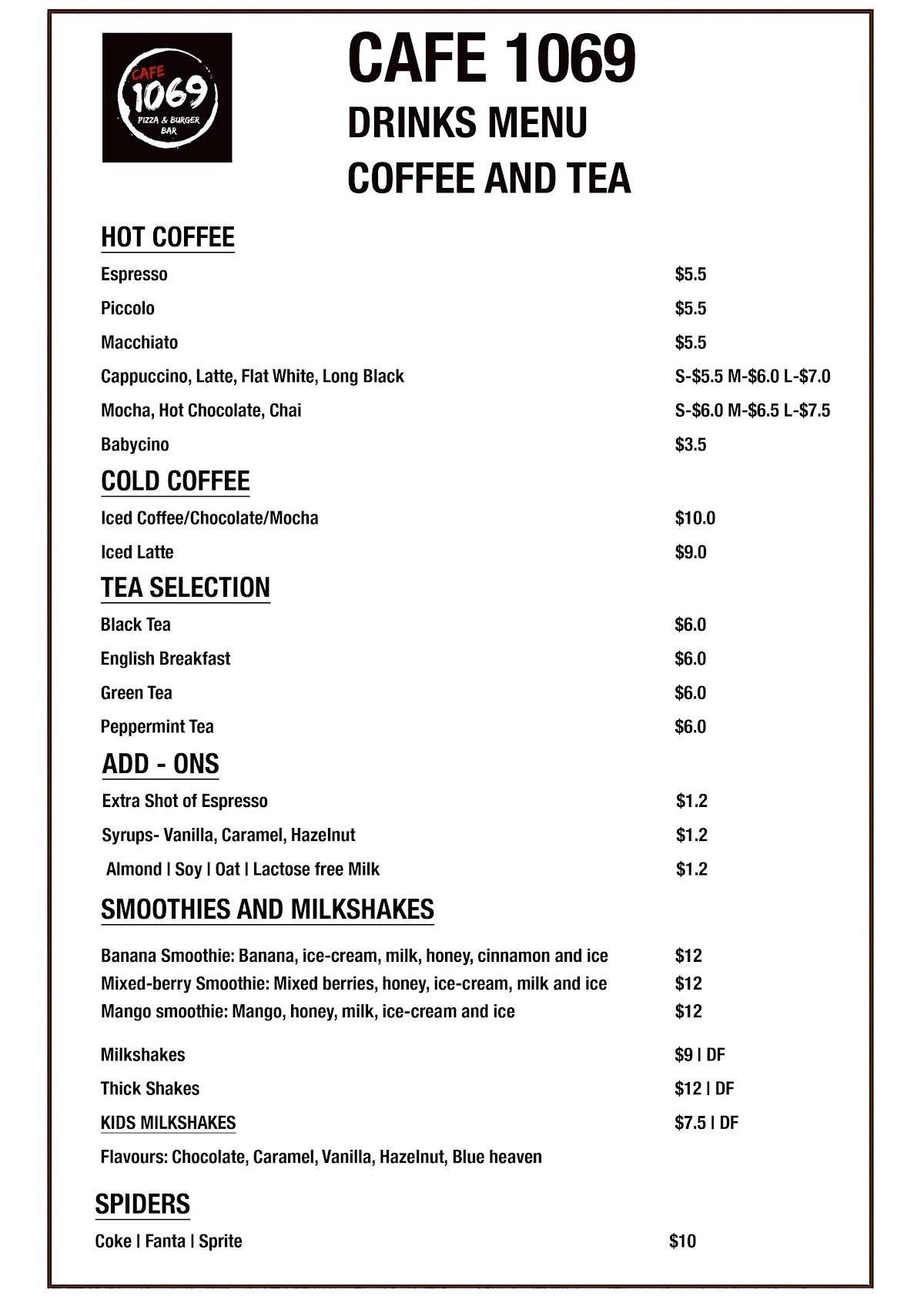 Menu at Cafe1069, George Town