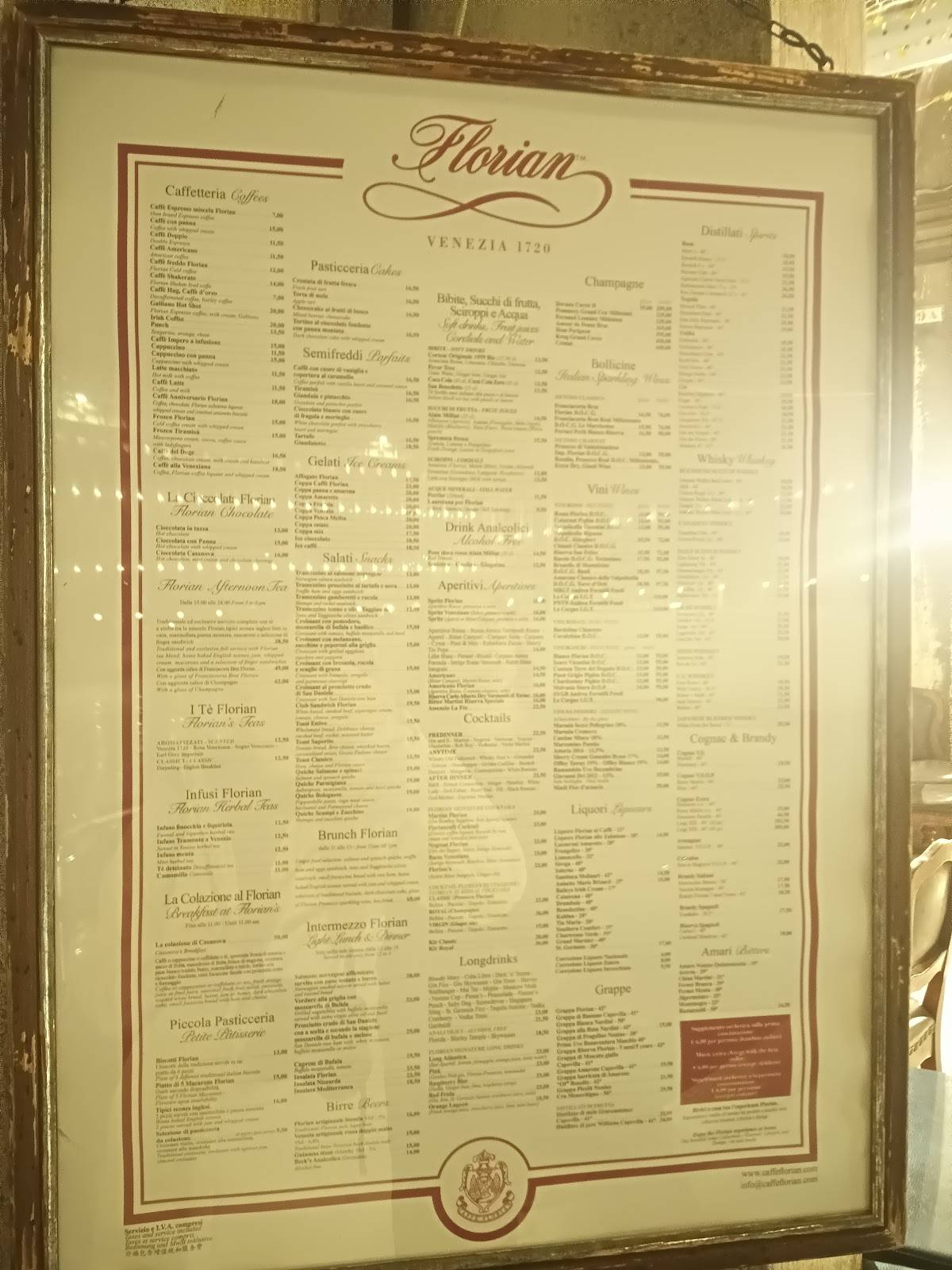 Menu at Caffè Florian cafe, Venice, P.za San Marco Menu at Caffè Florian cafe, Venice, P.za San Marco
