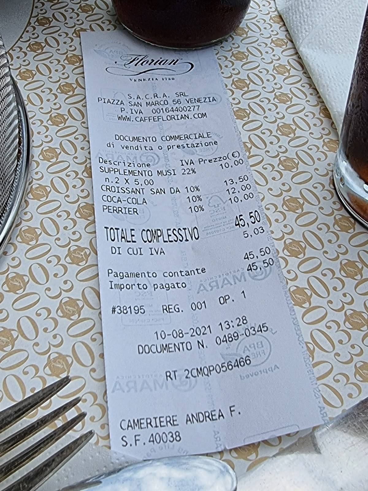 Menu at Caffè Florian cafe, Venice, P.za San Marco