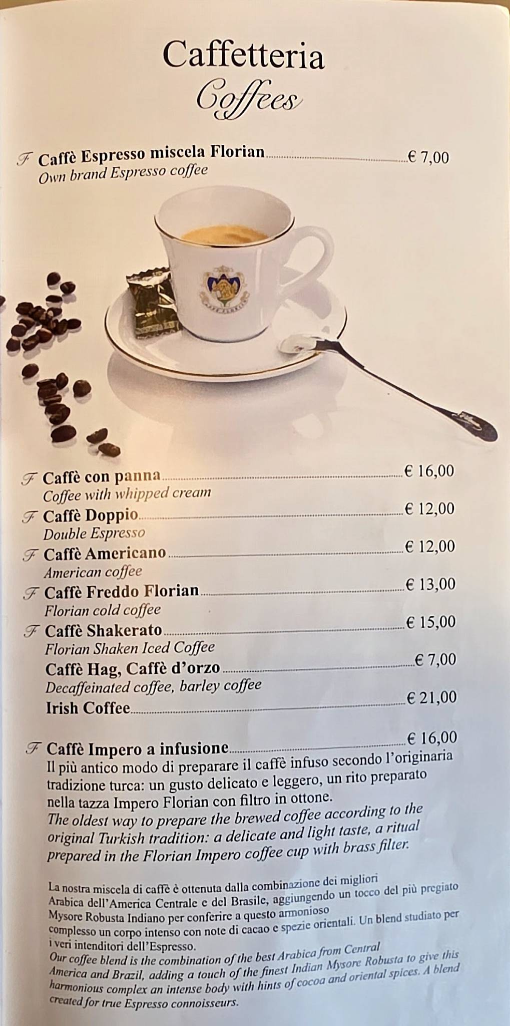 Menu at Caffè Florian cafe, Venice, P.za San Marco
