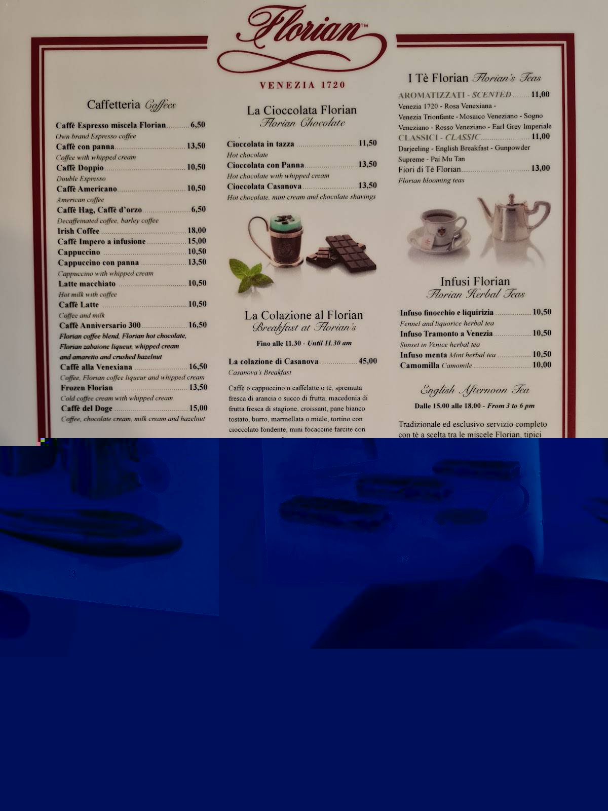 Menu da Caffè Florian caffè bar, Venezia, Piazza San Marco