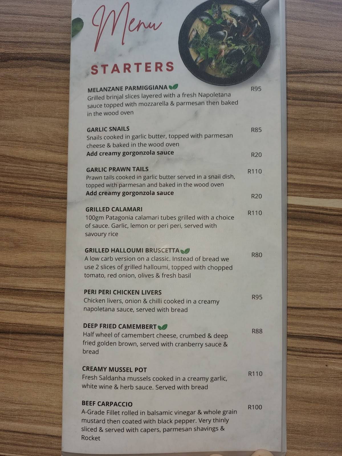 Menu at Caffe Italia restaurant, Durban North