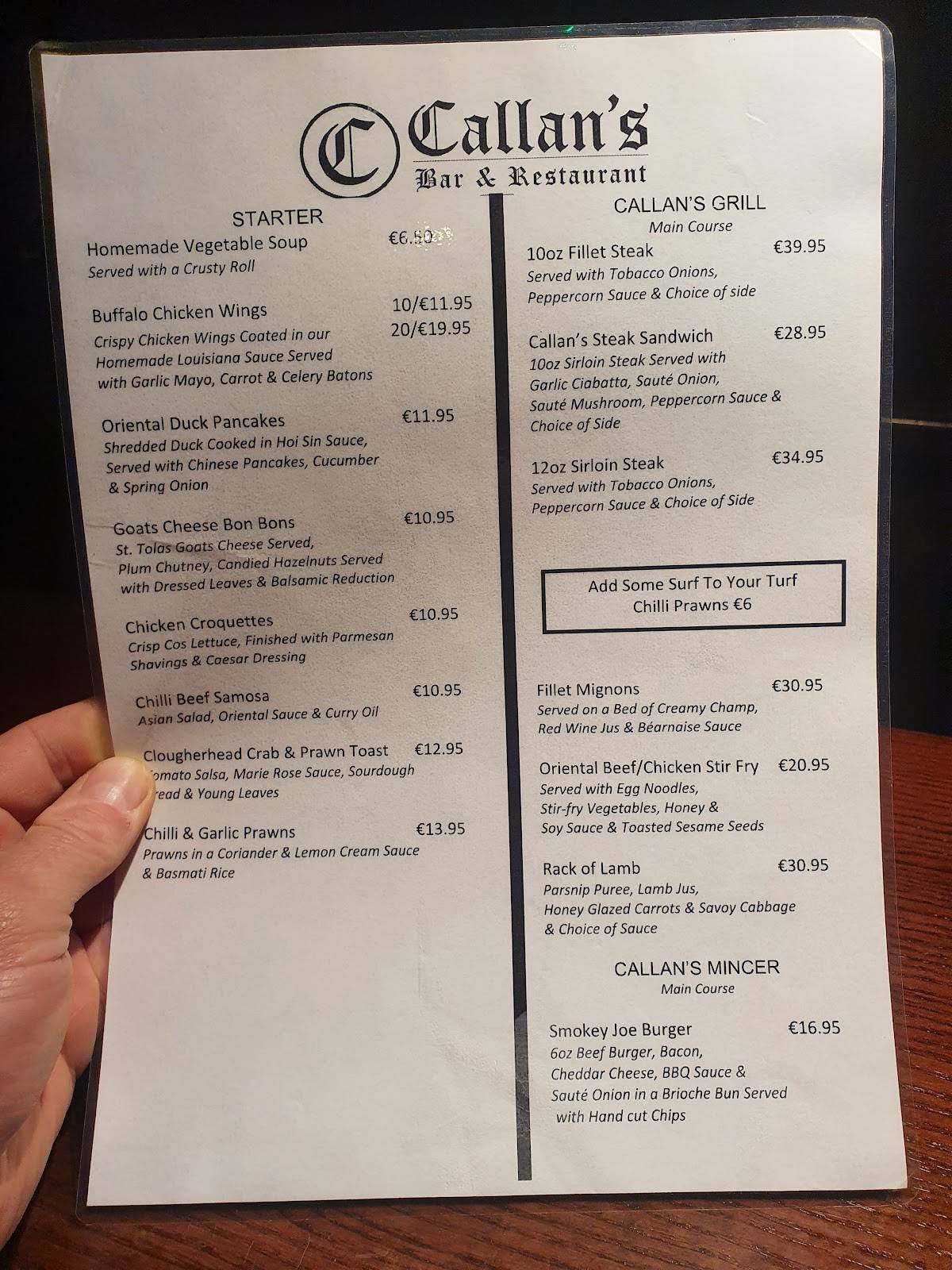 Menu at Callans Bar and Restaurant, Hackballscross