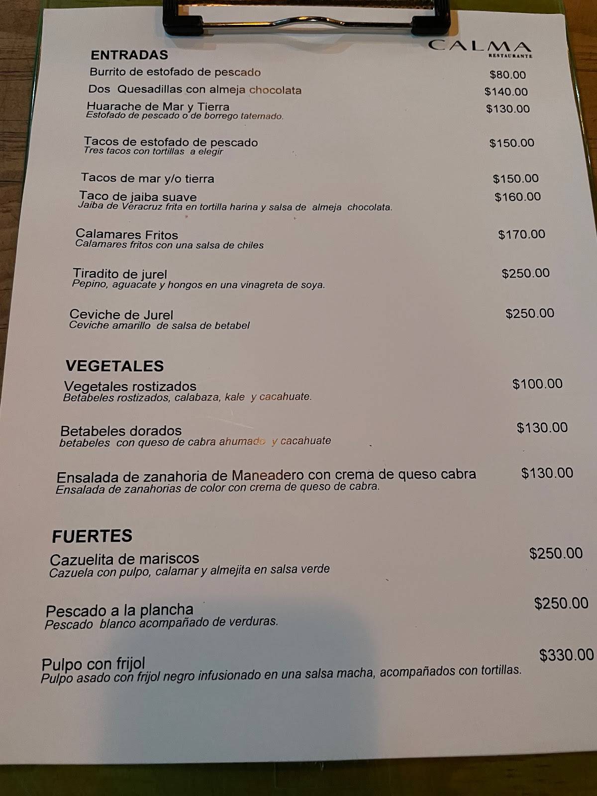 Menu at Calma restaurant, Ensenada
