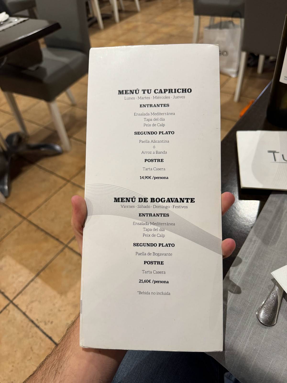 Carta de TU CAPRICHO RESTAURANTE., Calpe