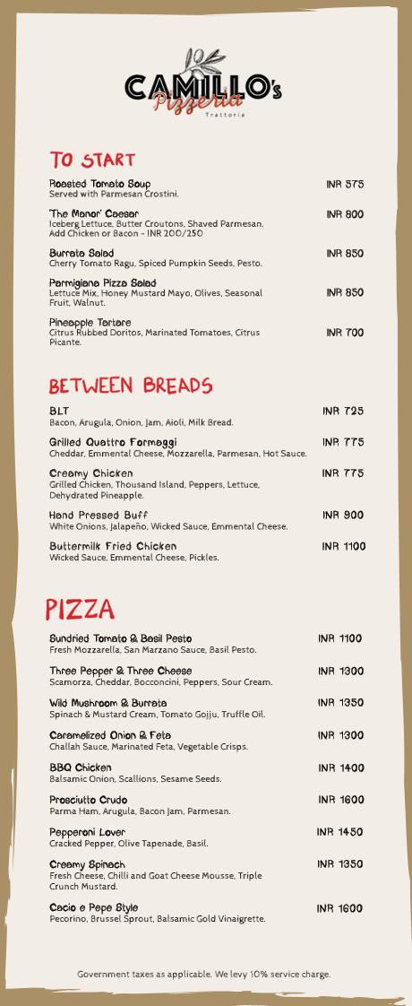 Menu at Camillo's, New Delhi