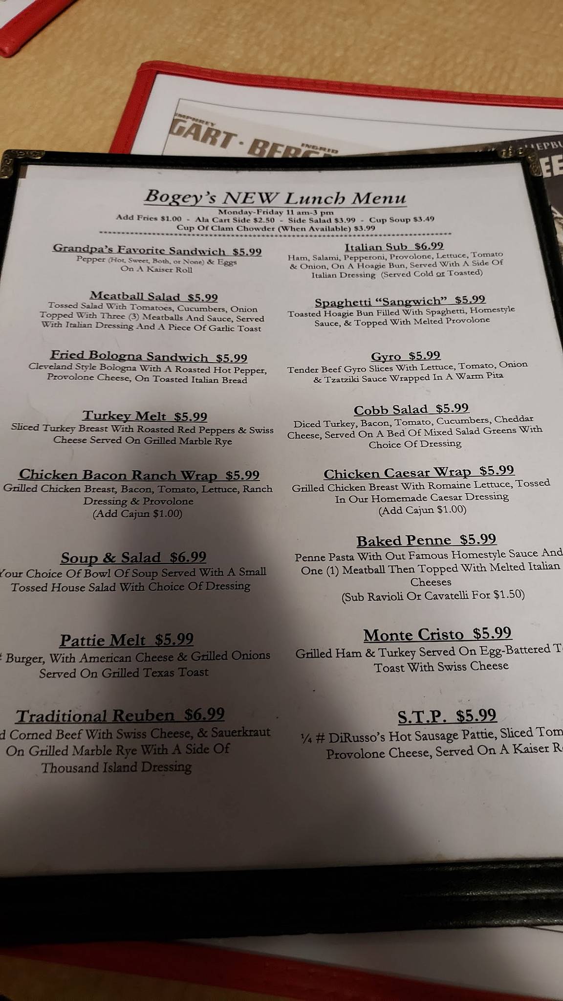 Menu at Bogey's Bar & Grill, Lowellville, Upland Ave