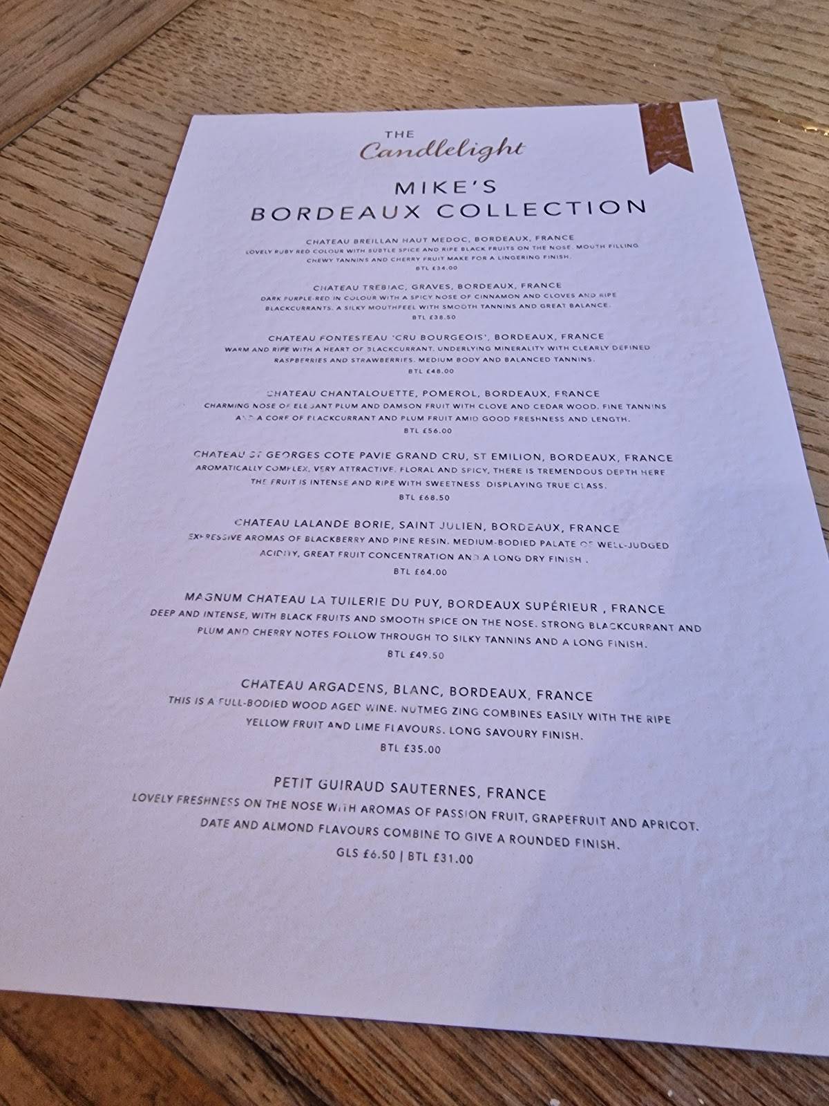 Menu at The Candlelight pub & bar, England, Bishopswood