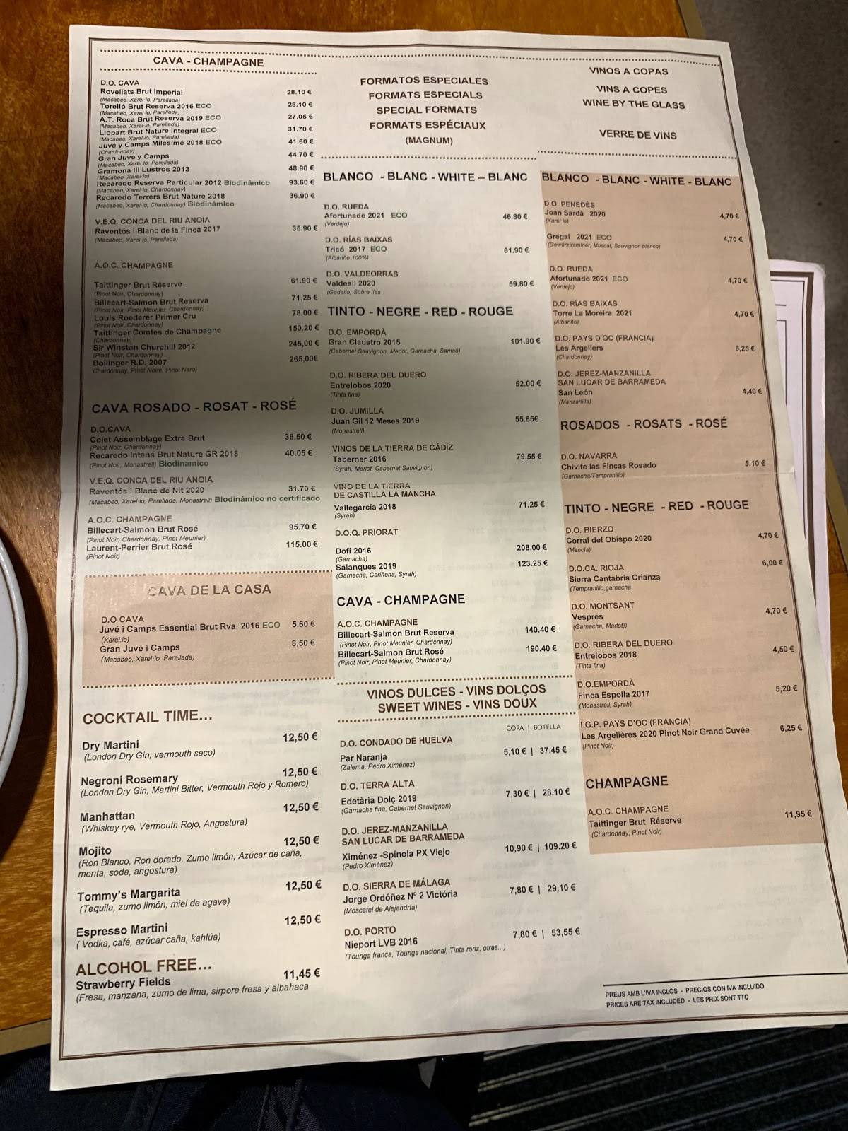 Menu at Cañete pub & bar, Barcelona, Carrer de la Unió