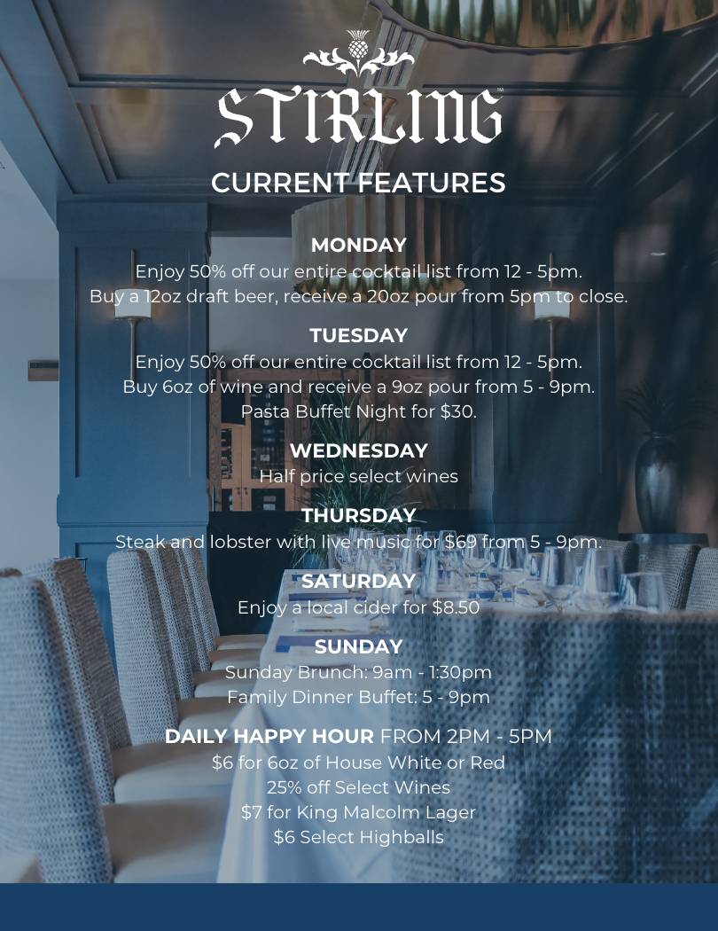 Menu at Stirling Dining Room and Lounge restaurant, Canmore