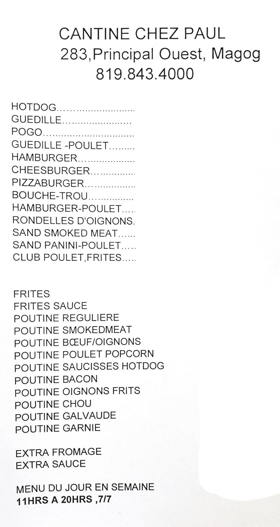 Menu au Cantine Chez Paul restaurant, Magog