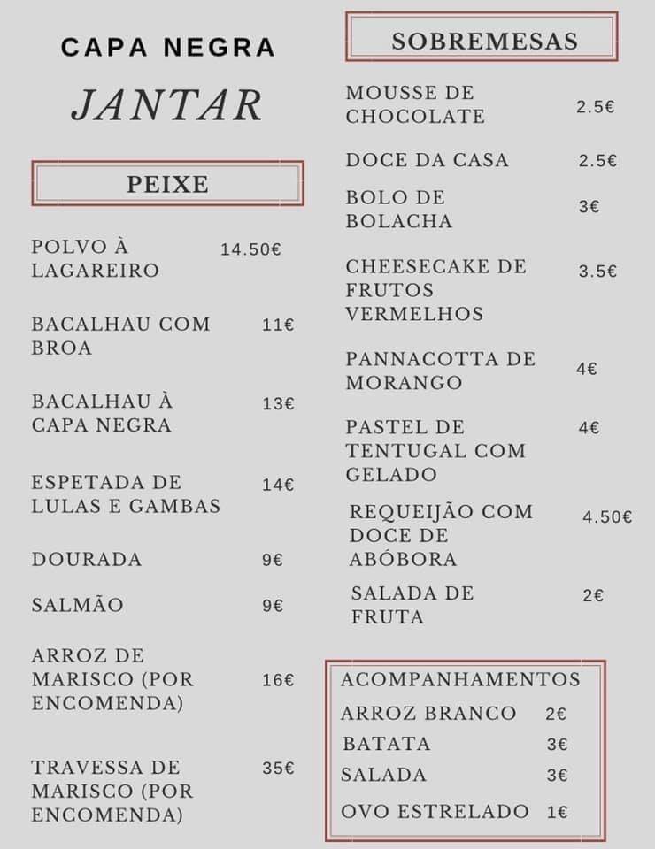 Menu em Capa Negra restaurante, Coimbra