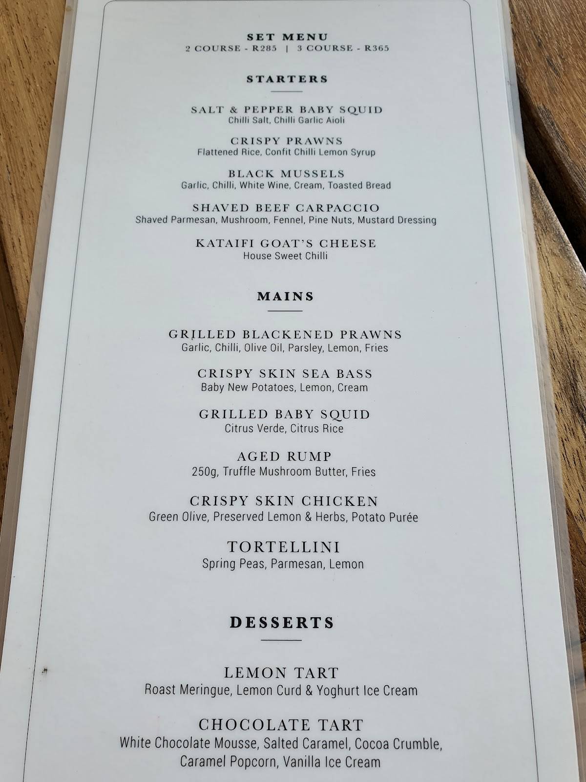 Menu at Bobo's restaurant, Cape Town
