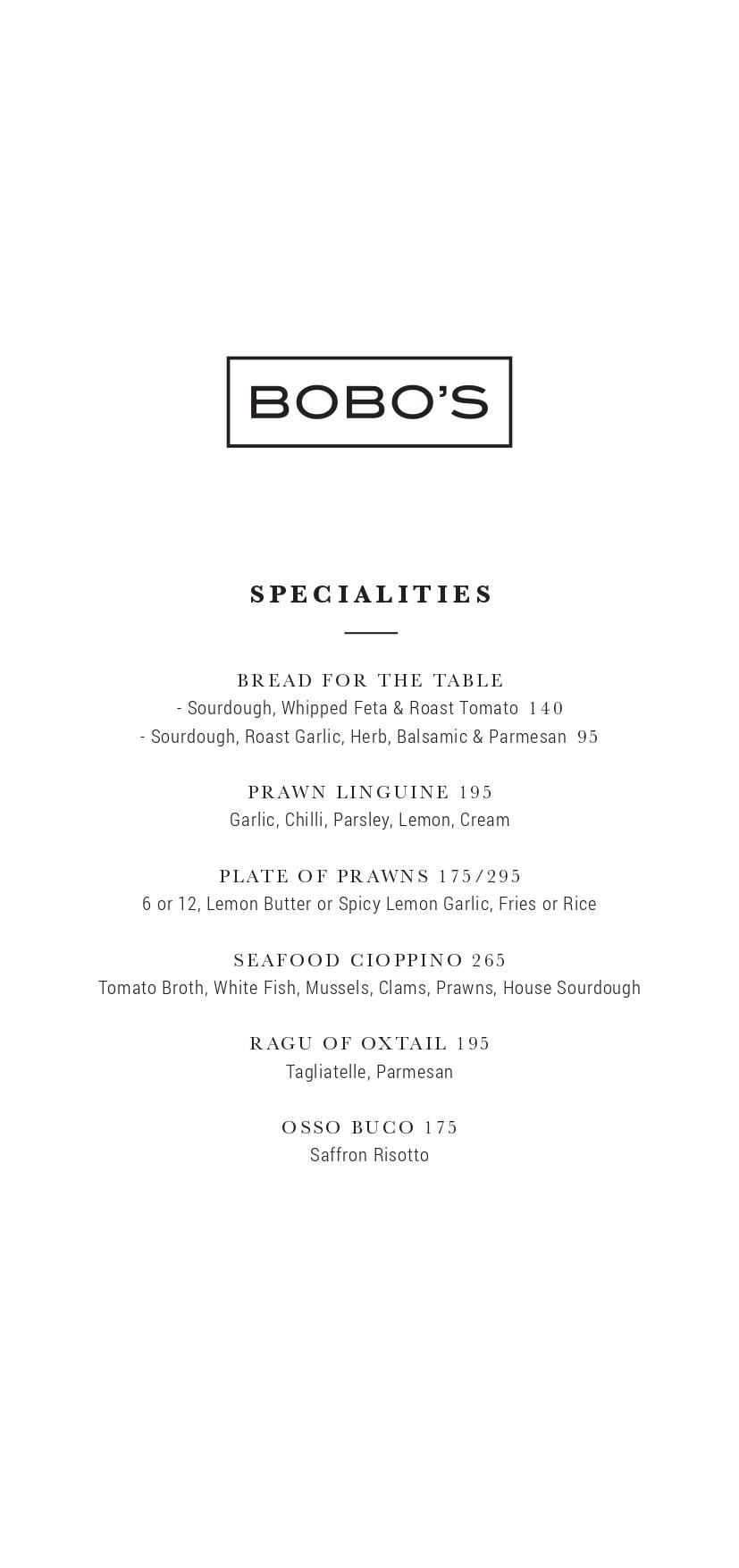 Menu at Bobo's restaurant, Cape Town