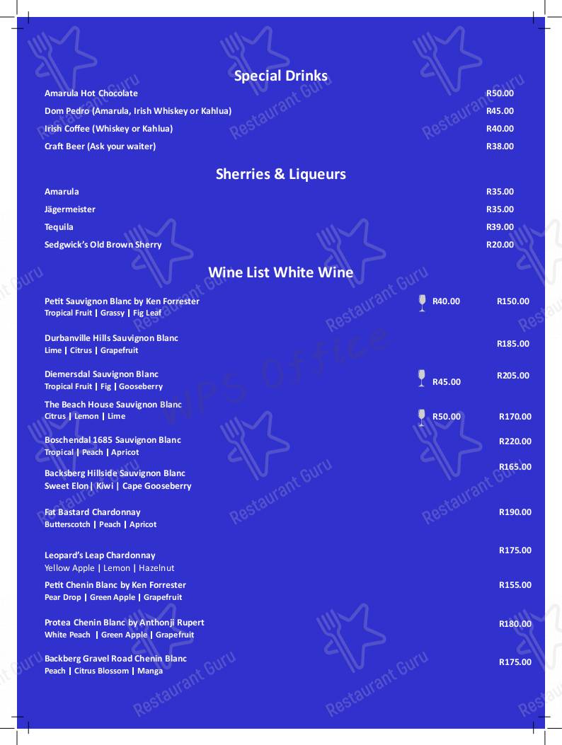 Menu at Fran's Place restaurant, Cape Town, 111 Jubilee St