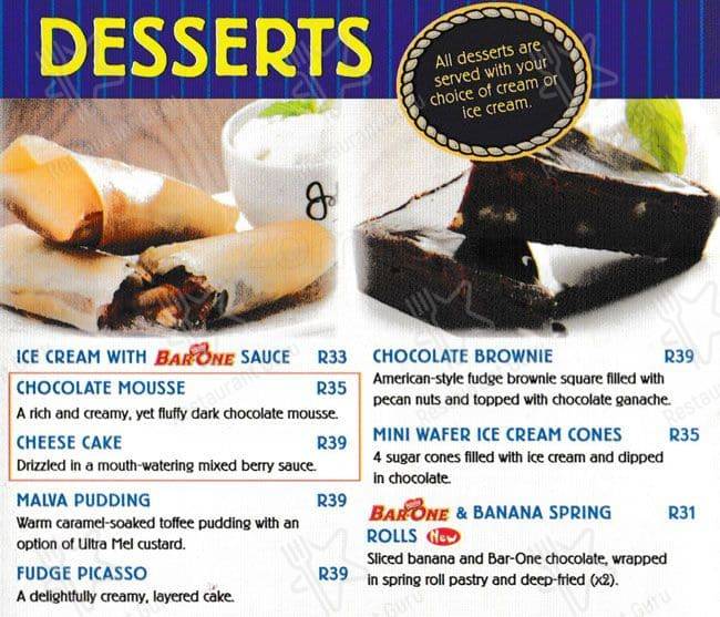 Menu at John Dory's restaurant, Cape Town, Cnr Main Rd & Broadway Blvd