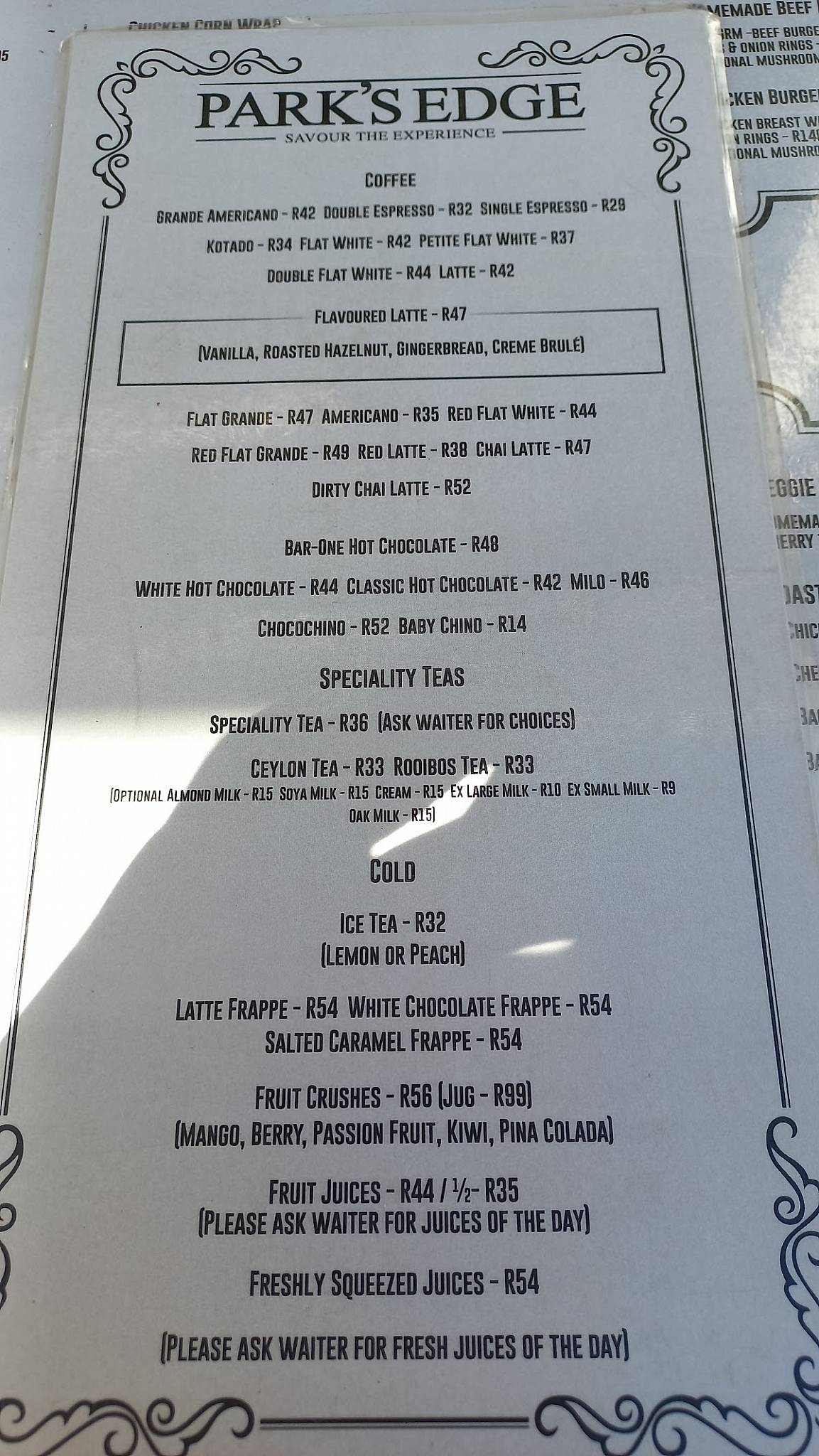 Menu at Parks Edge / Cafeen, Cape Town