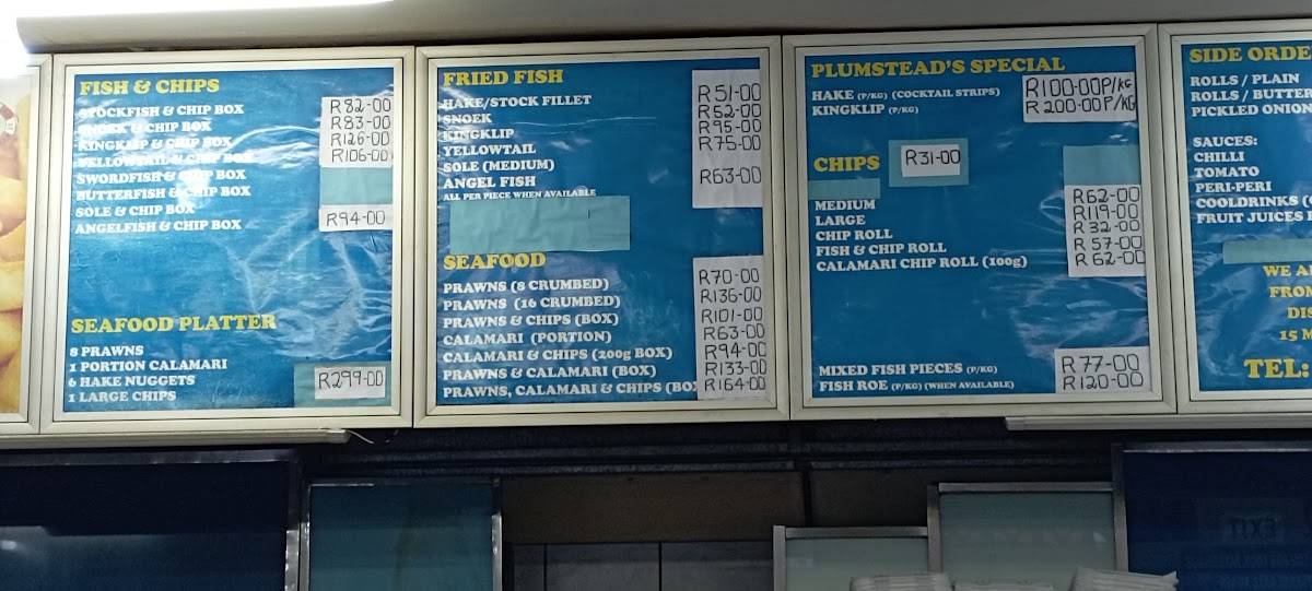 Menu at Plumstead Fisheries restaurant, Cape Town
