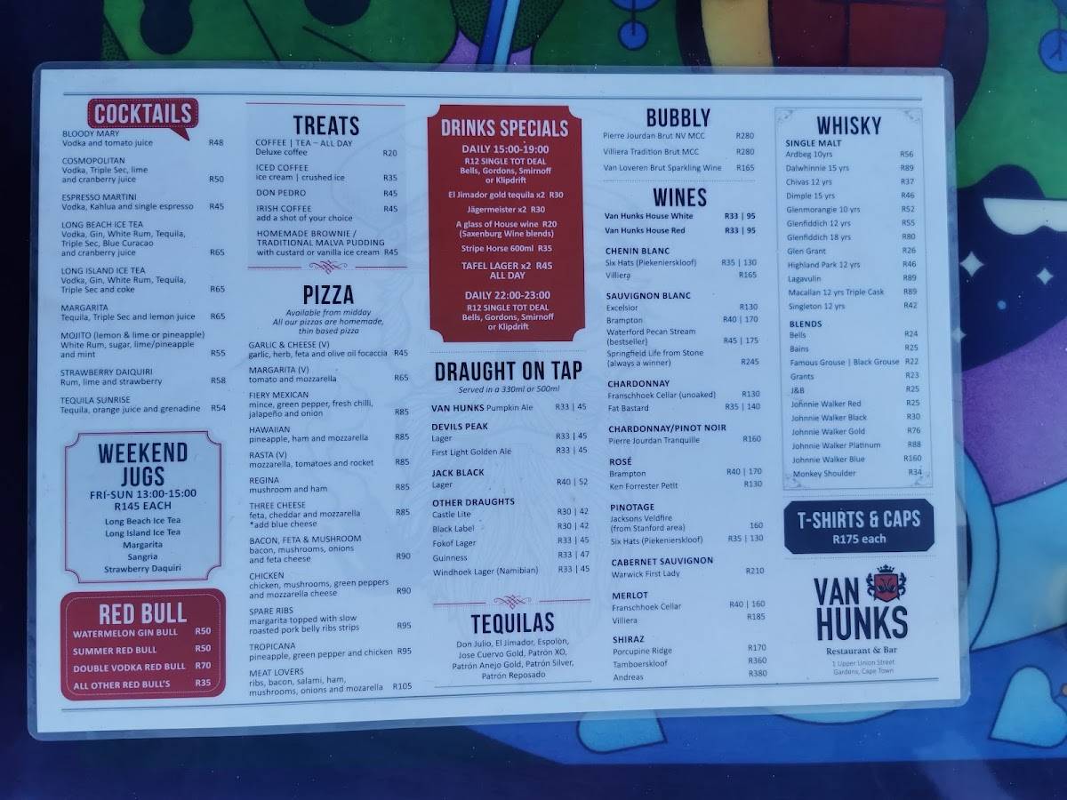 Menu at Van Hunks pub & bar, Cape Town