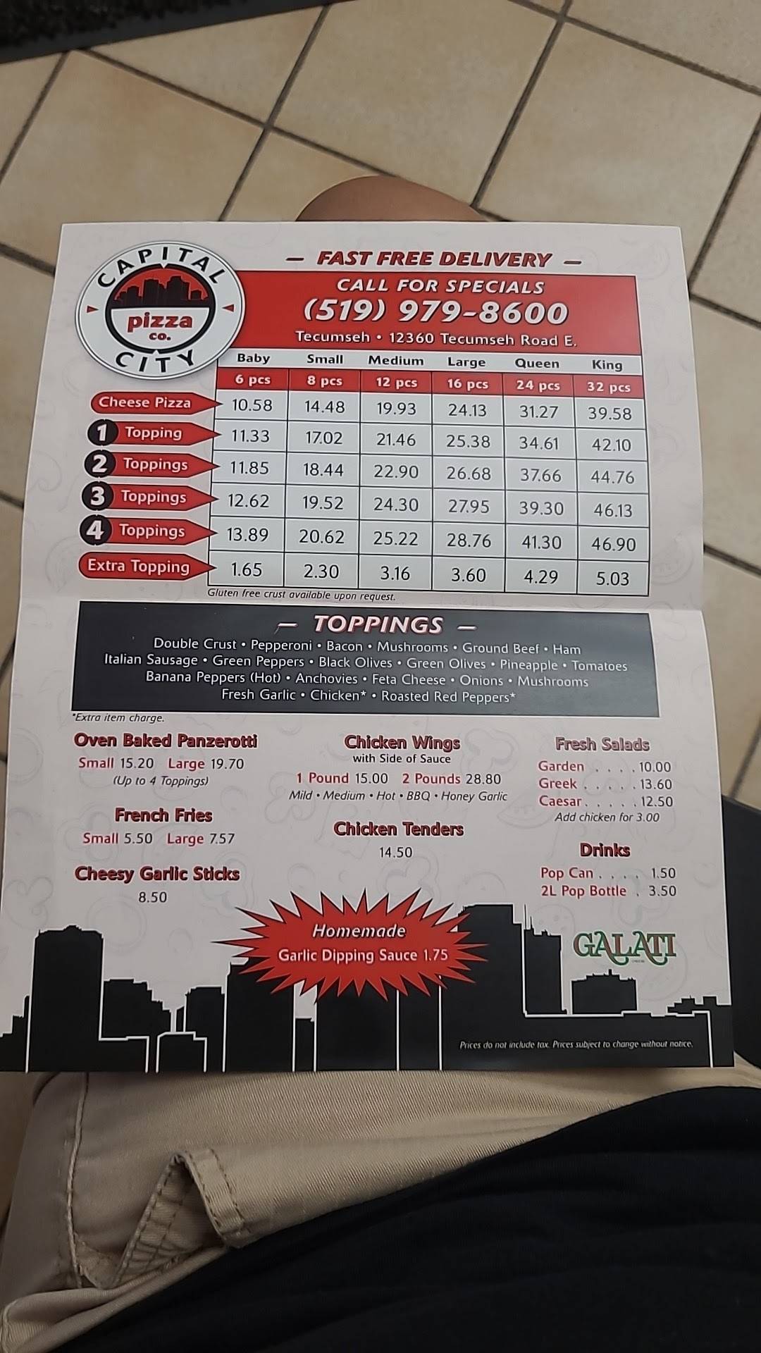 Menu at Capital City Pizza Co. restaurant, Tecumseh, Tecumseh Rd E