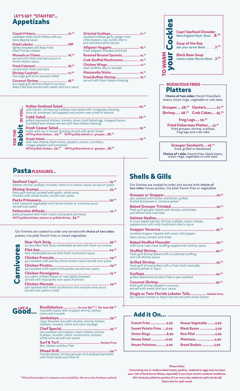 Menu at Capri Fish House restaurant, Marco Island, 203 Capri Blvd