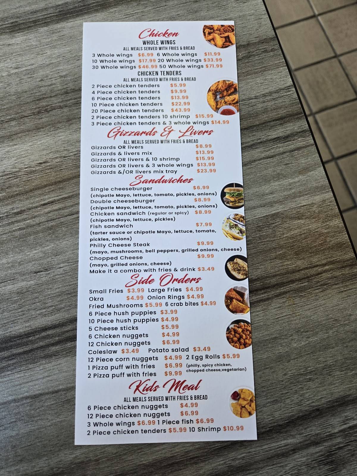 Menu at Captain Hook's restaurant, Houston