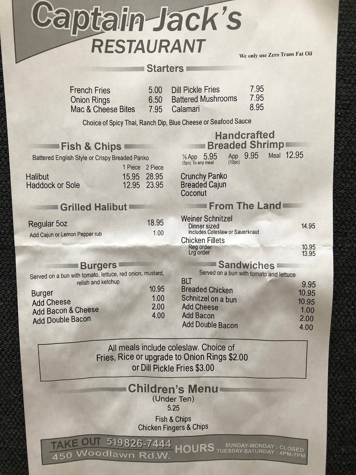 Menu at Captain Jack's Restaurant, Guelph