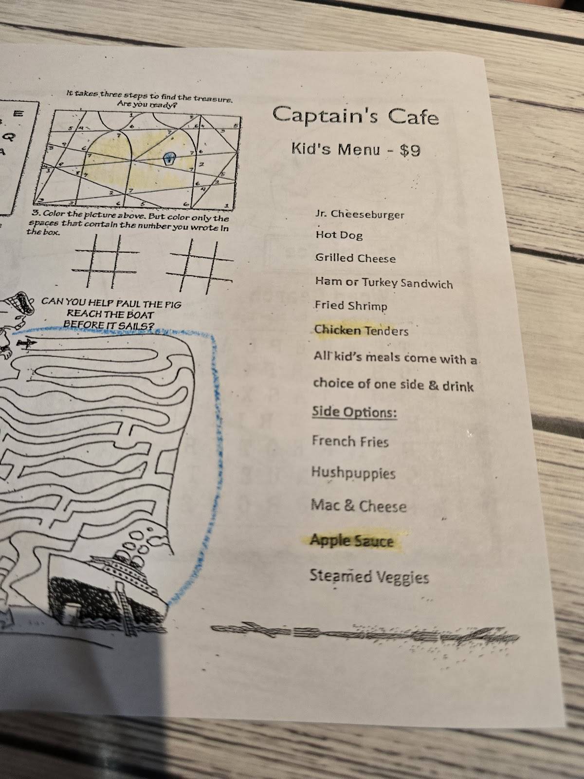 Menu at Captain's Cafe, Myrtle Beach