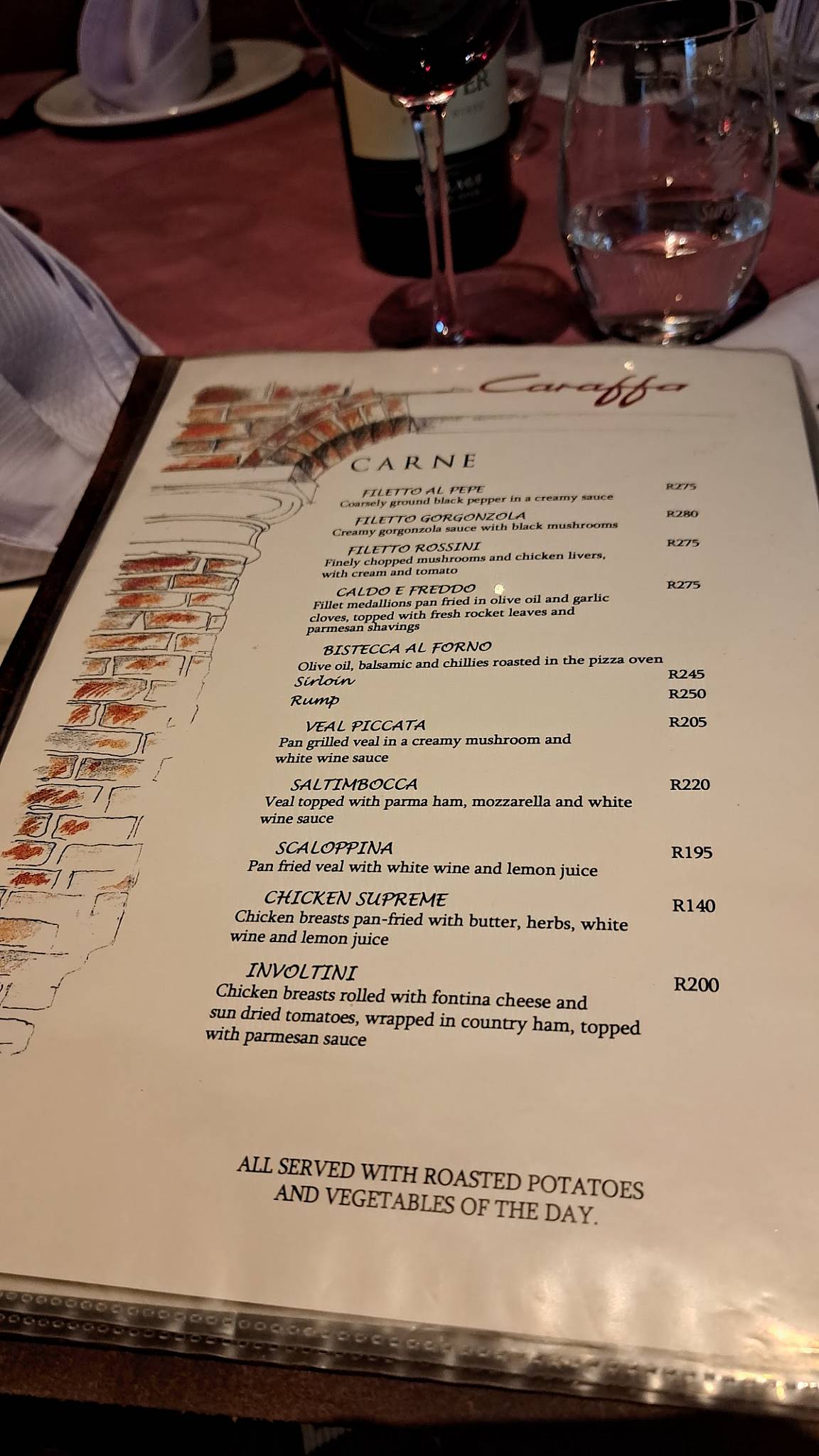 Menu at Caraffa Restaurant, Pretoria