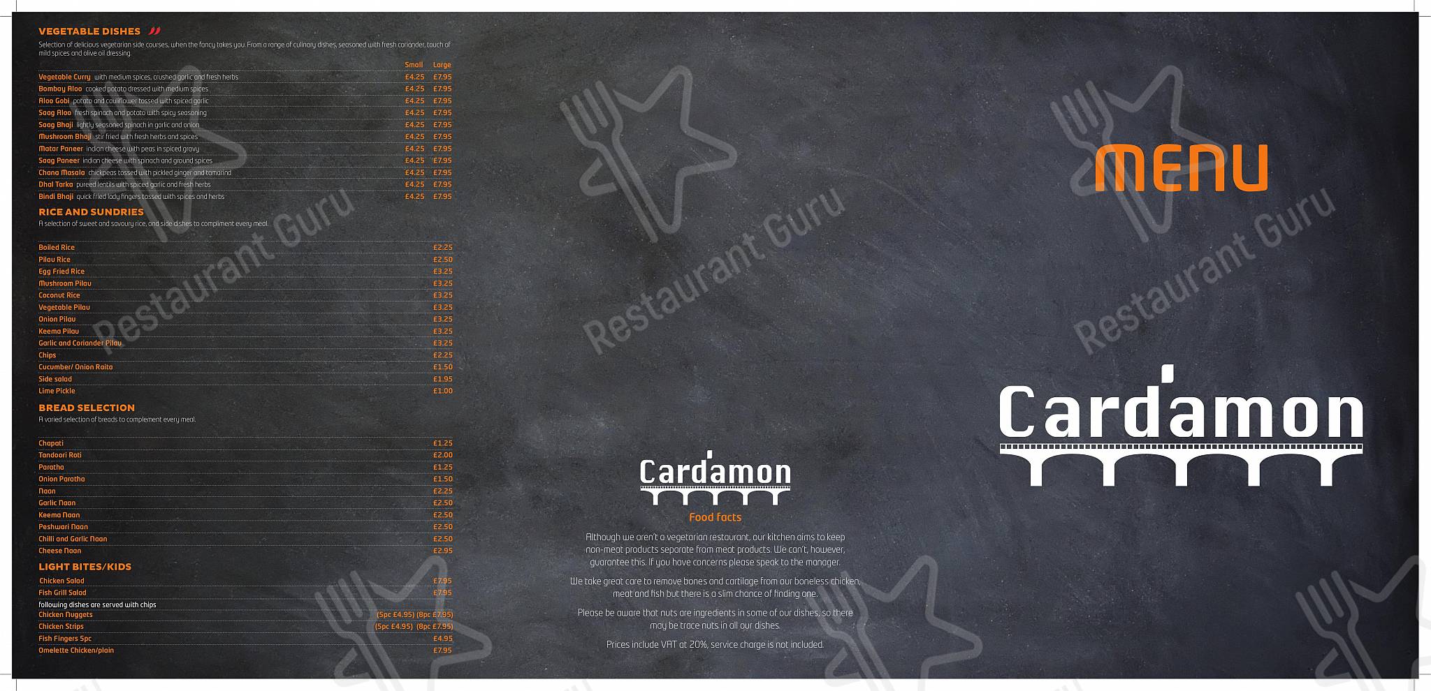 Menu at Cardamon at the Bridge restaurant, Hebden Bridge