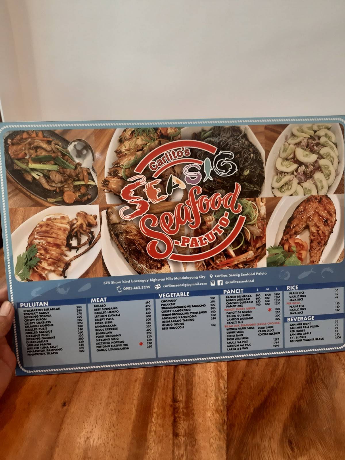 Menu at Carlito's Seasig Seafood Paluto restaurant, Mandaluyong, barangay