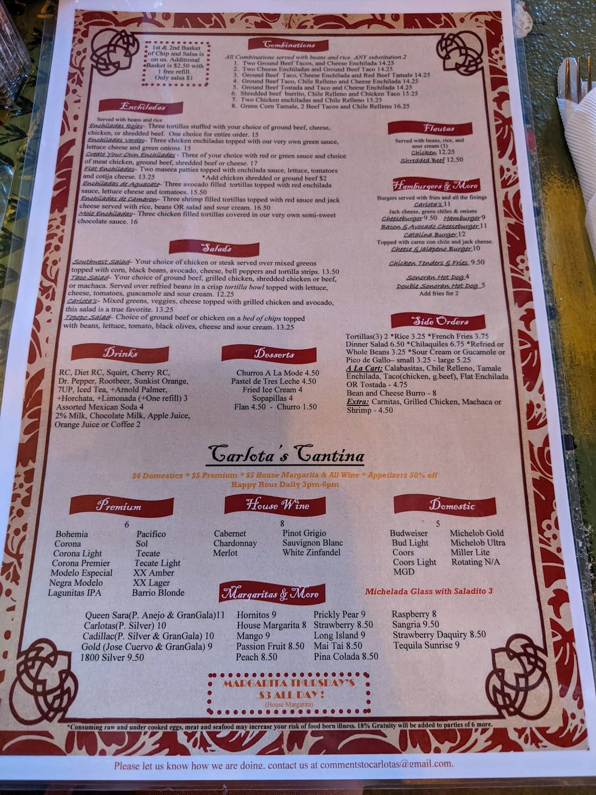 Menu at Carlota's Authentic Mexican restaurant, Catalina, N Oracle Rd