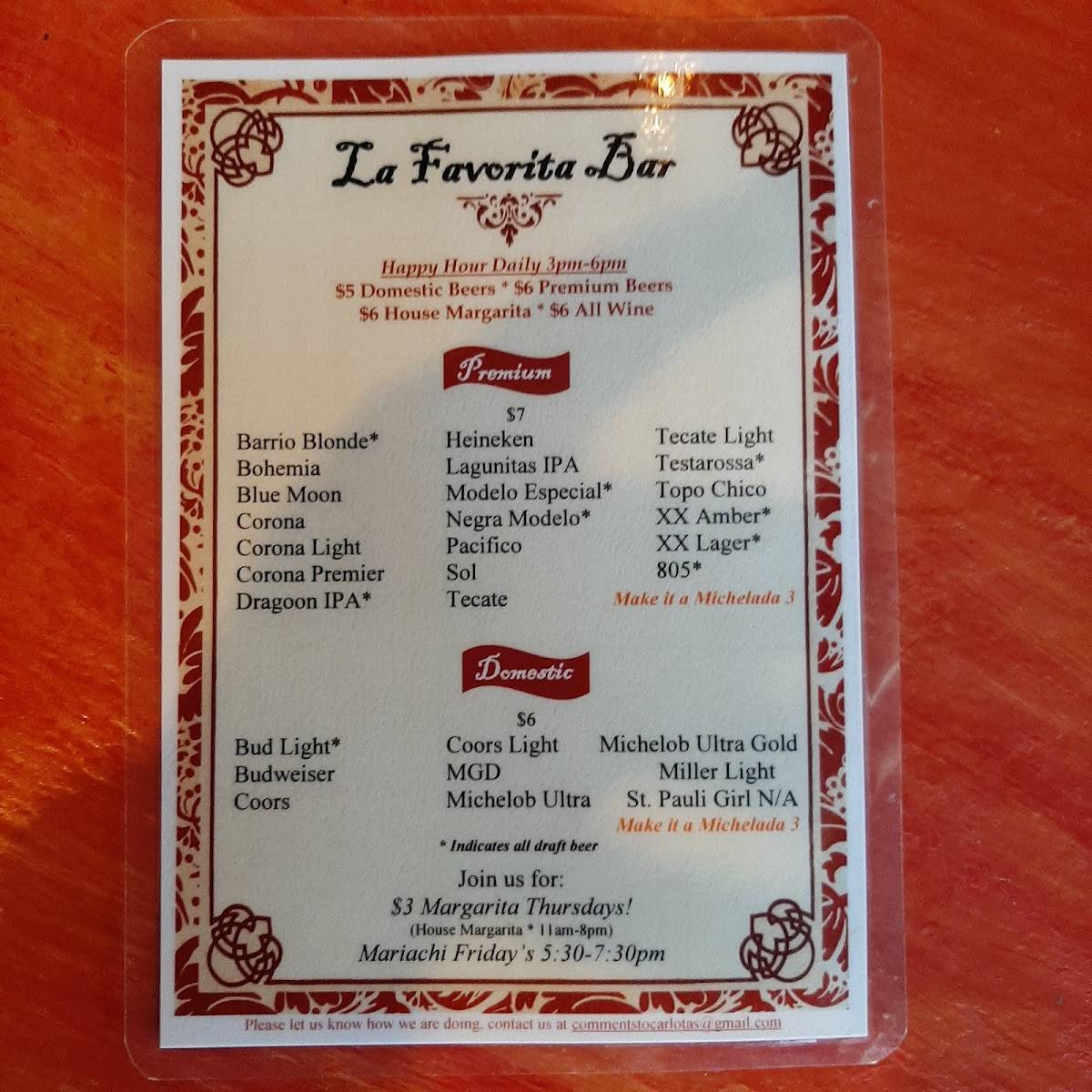 Menu at Carlota's Authentic Mexican restaurant, Catalina, N Oracle Rd