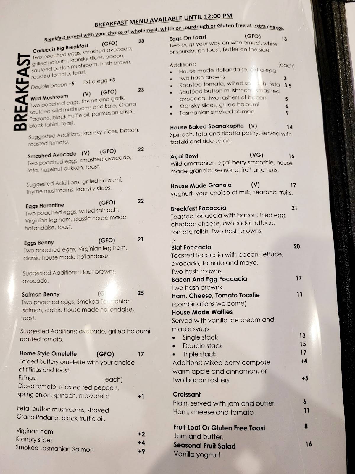 Menu at Carlucci's Restaurant, Templestowe, 134 James St
