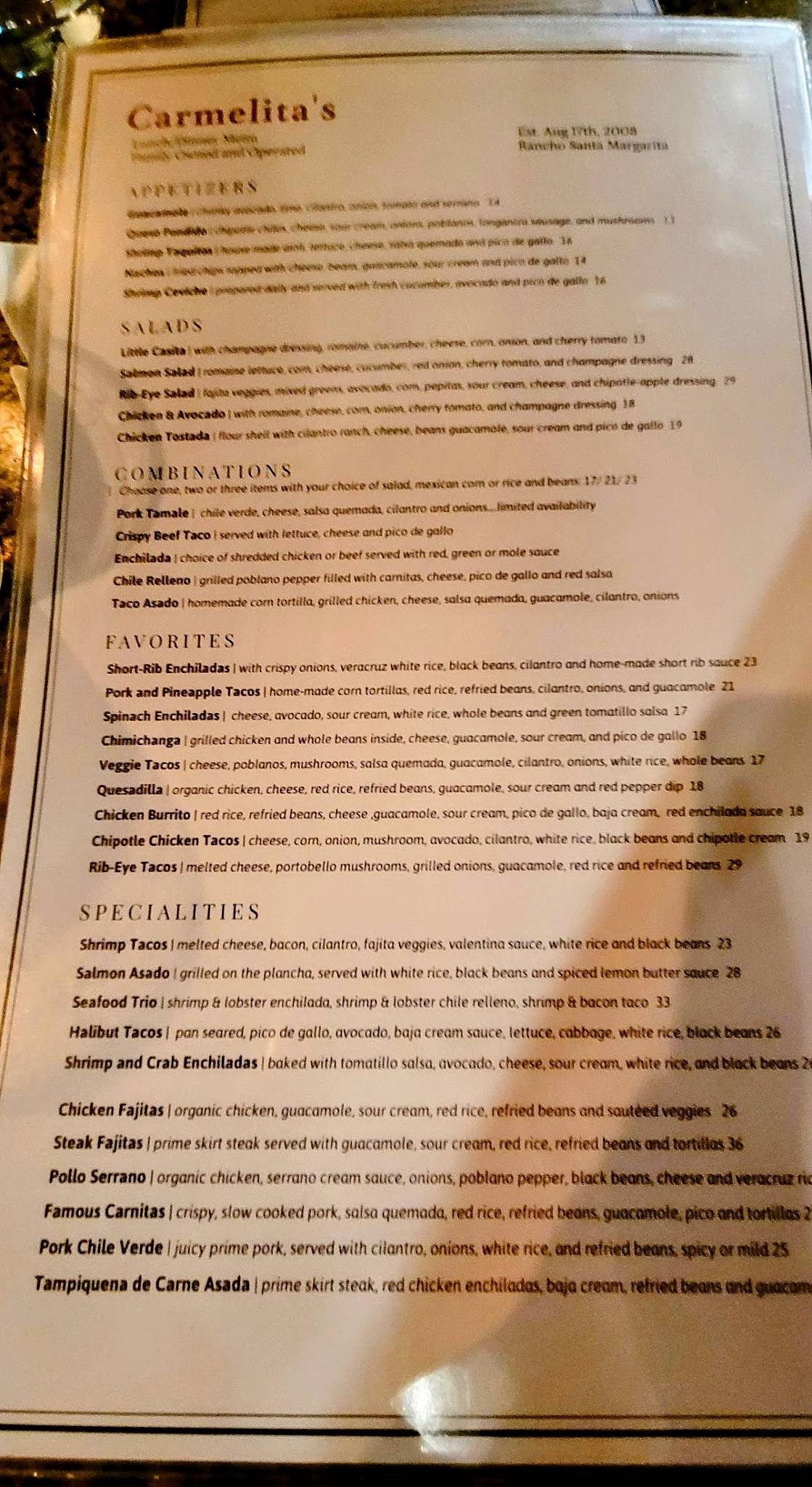 Menu at Carmelita's Kitchen restaurant, Rancho Santa Margarita