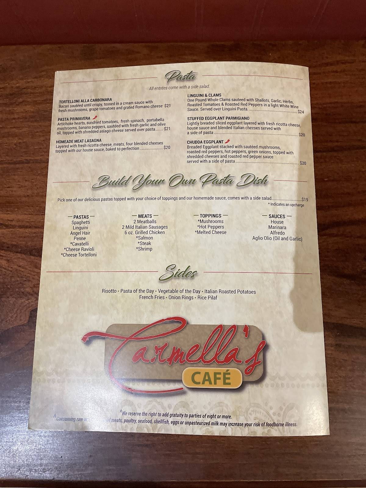 Menu at Carmella's Café restaurant, Boardman