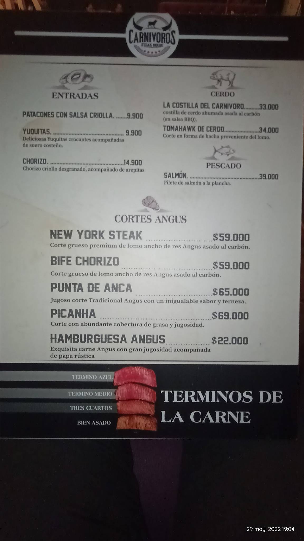 Carta del restaurante Carnívoros steak house Tuluá, Tulua