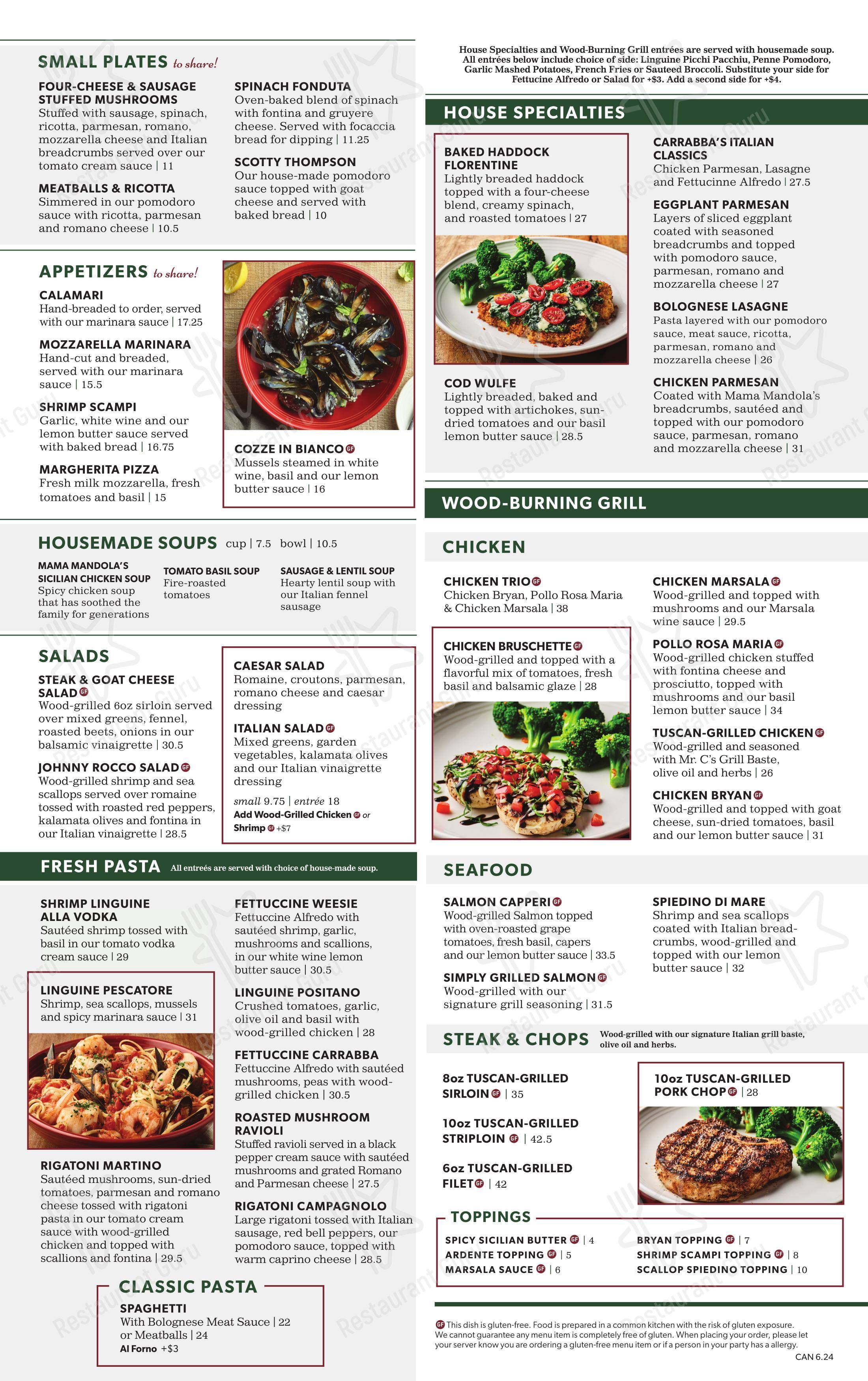 Menu at Carrabba's Italian Grill (Moncton) restaurant, Moncton