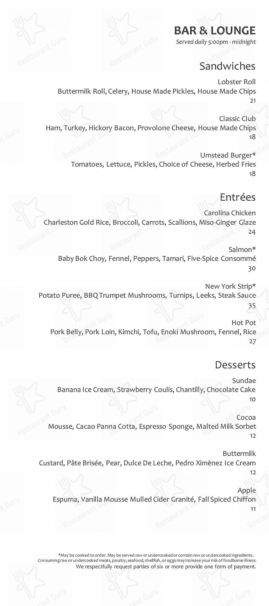 Menu at The Umstead Hotel and Spa pub & bar, Cary