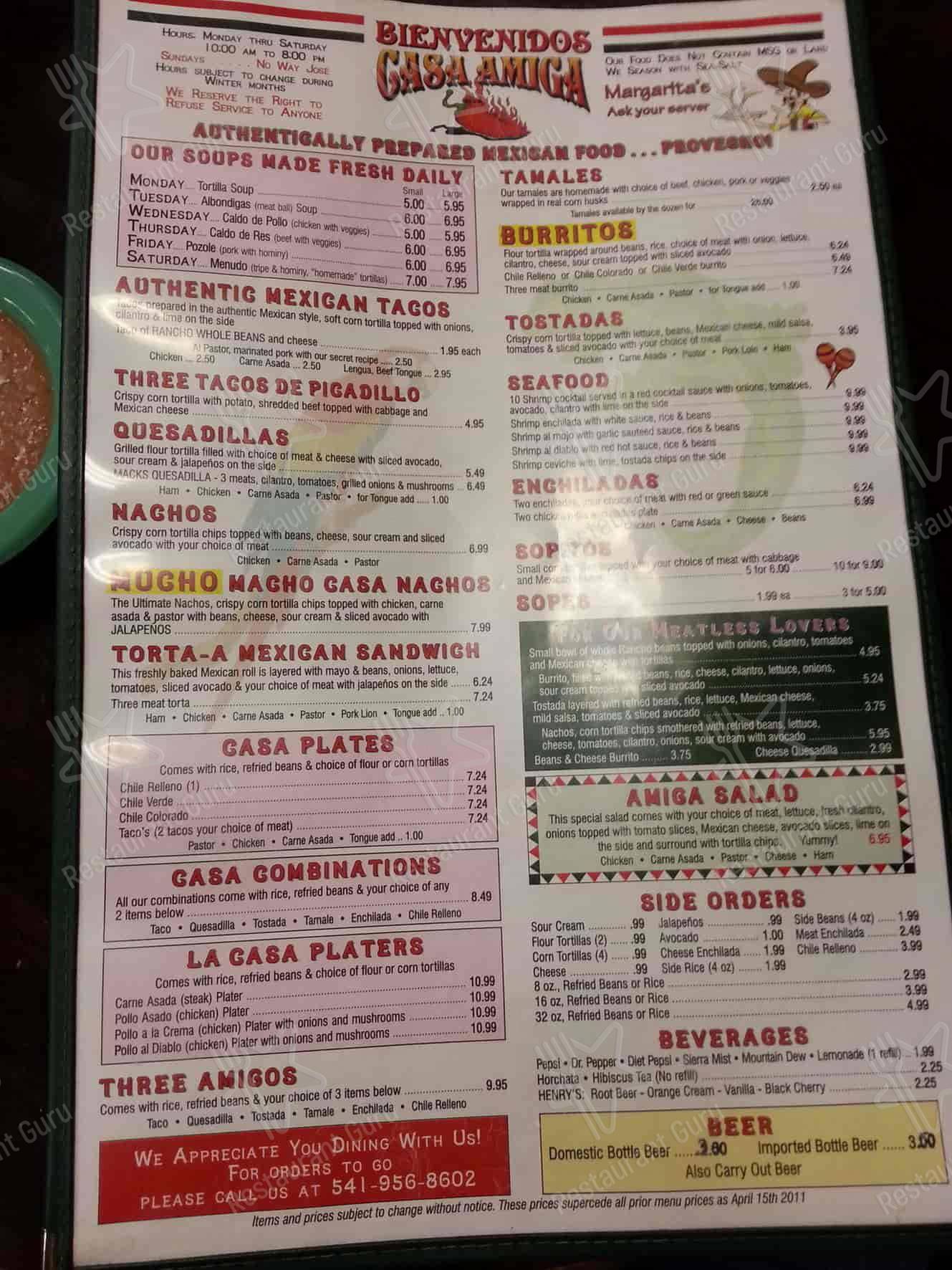 Menu at Casa Amiga restaurant, Grants Pass, 200 McDonald Ln