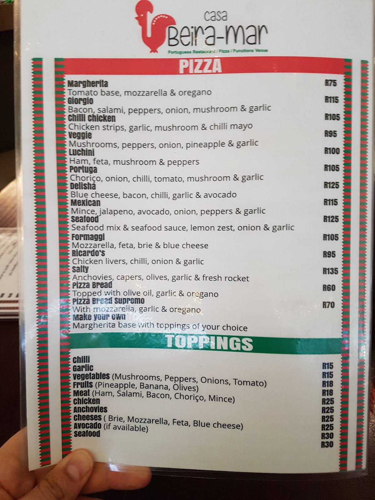 Menu at Casa Beira-Mar restaurant, Sandbaai