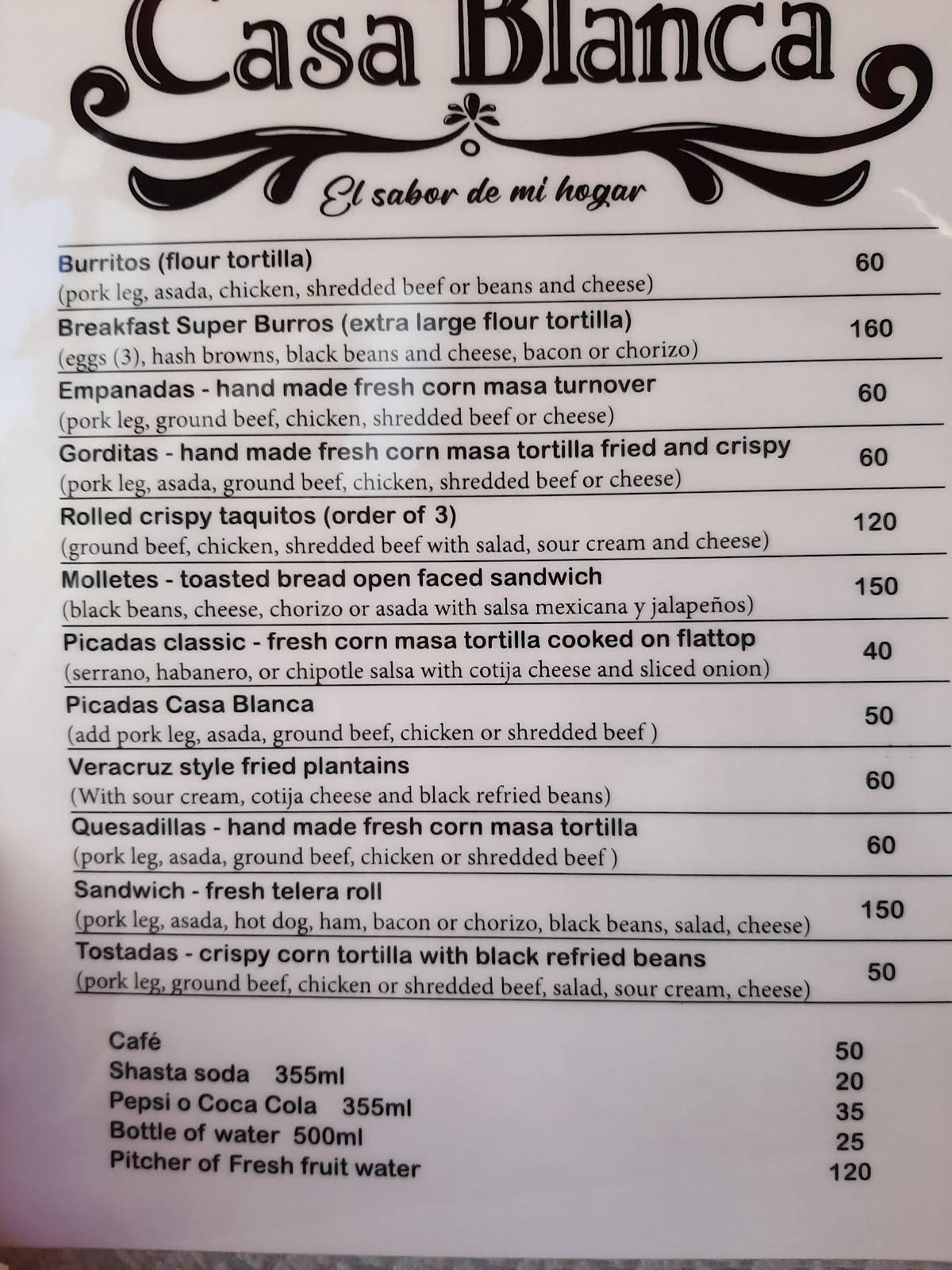 Menu at Casa Blanca restaurant, Loreto