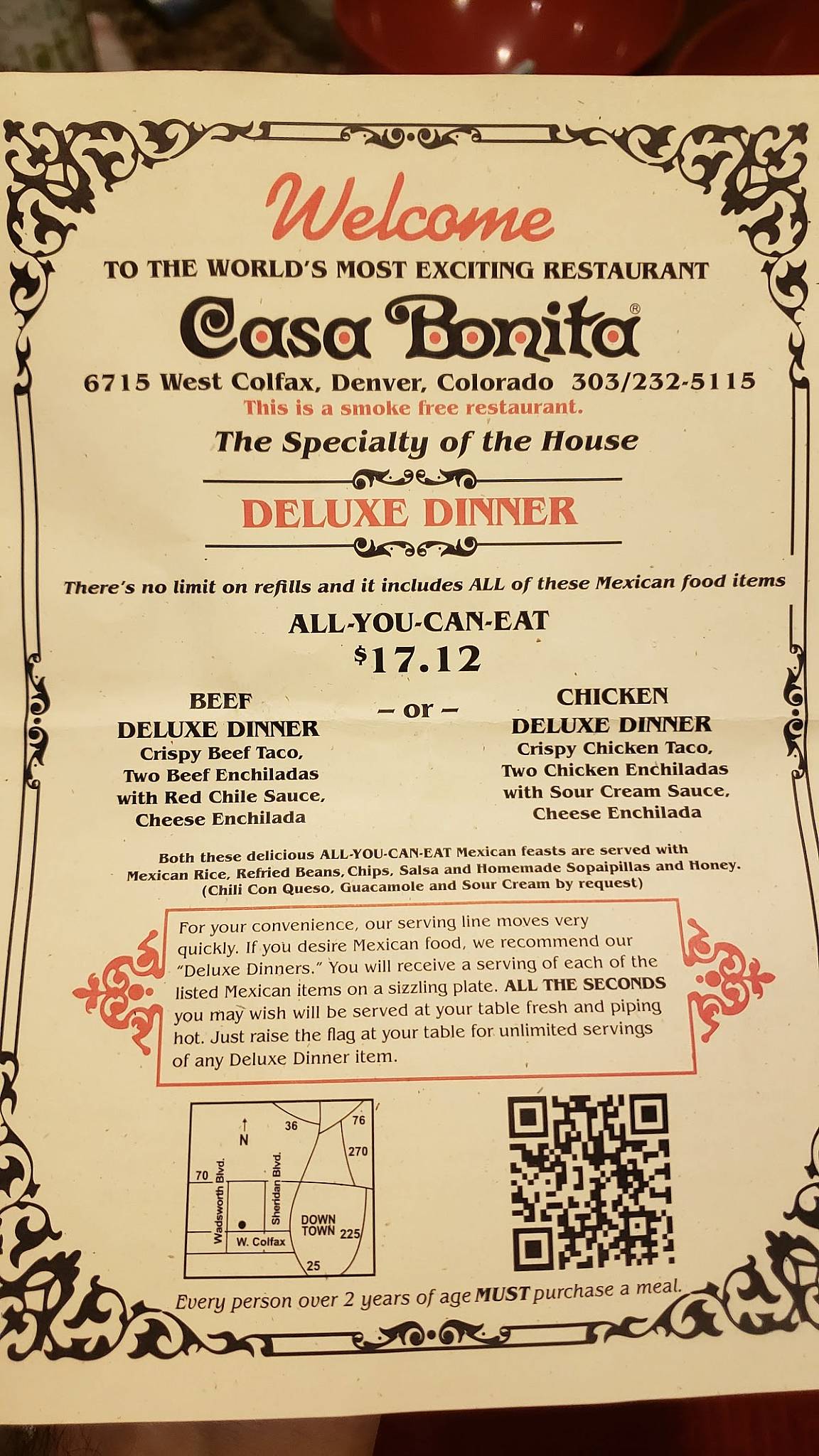 Menu at Casa Bonita restaurant, Lakewood