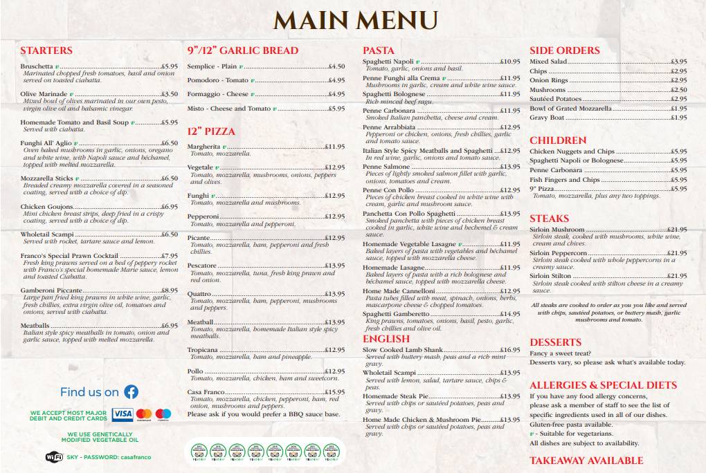 Menu at Casa Franco restaurant, Blackpool