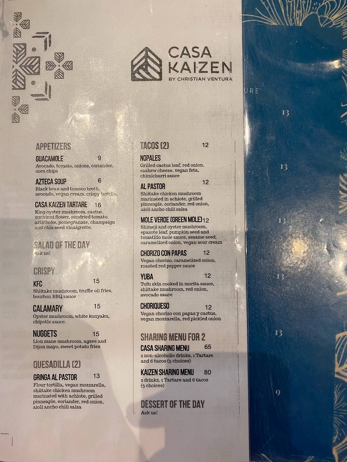 Menu at Casa Kaizen restaurant, Montréal, 16 Ave des Pins