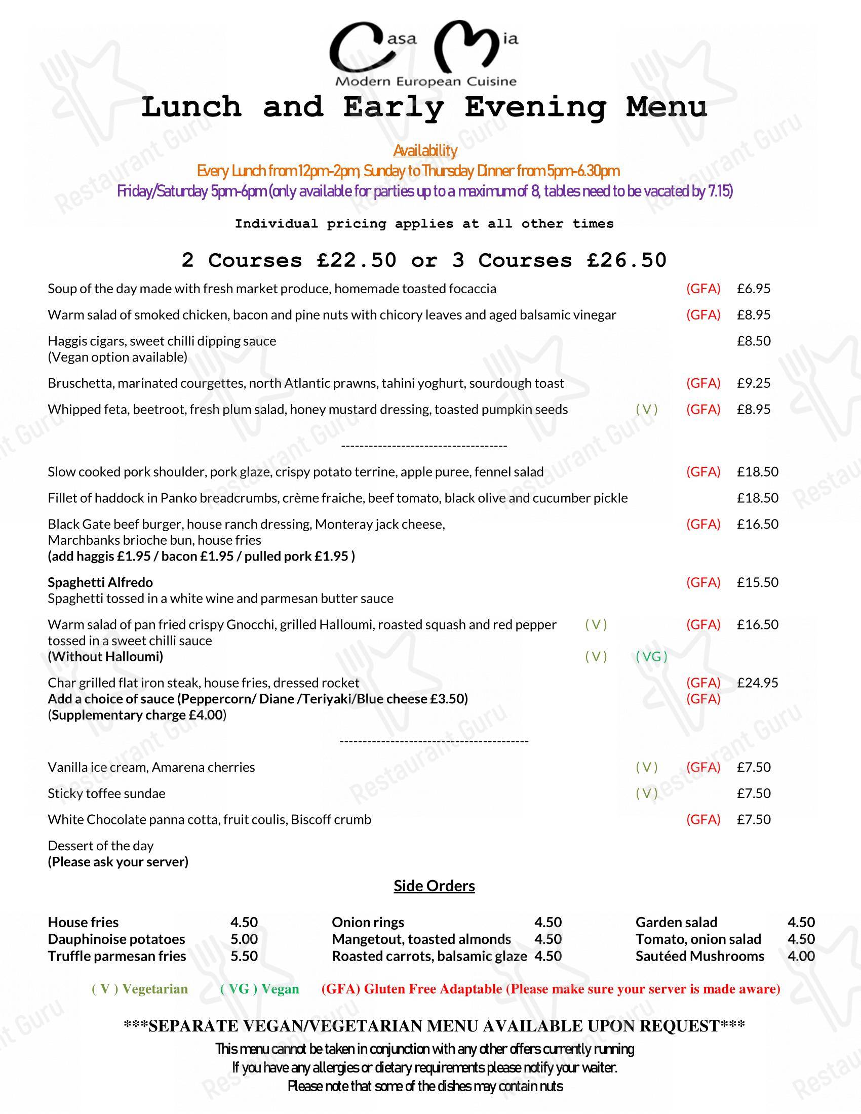 Menu at Casa Mia Dumfries restaurant, Dumfries