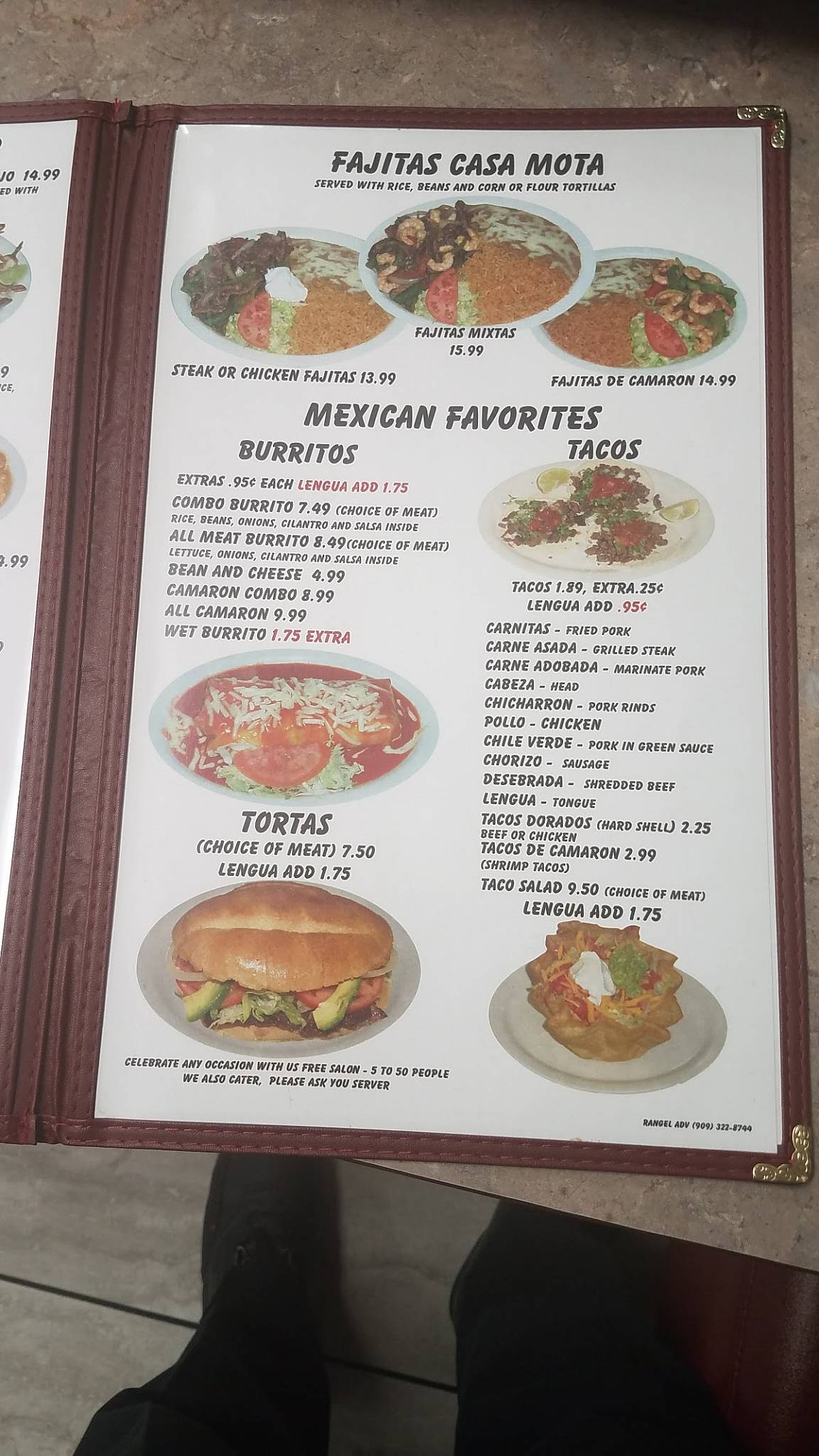 Menu at Casa Mota restaurant, Riverside